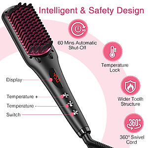 Enhanced Ceramic Hair Straightener Brush by MiroPure, 2-in-1 Ionic Straightening Brush with Anti-Scald Feature, Auto Temperature Lock & Auto-Off Function (Black)