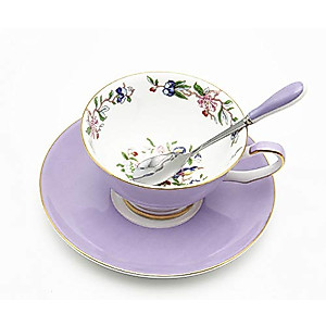 3 Piece Bone China Cup and Saucer Set with Spoon Vintage Porcelain Coffee Cup Set, Floral Tea Cup Set with Gold Trim and Gift Box, 7.1oz.