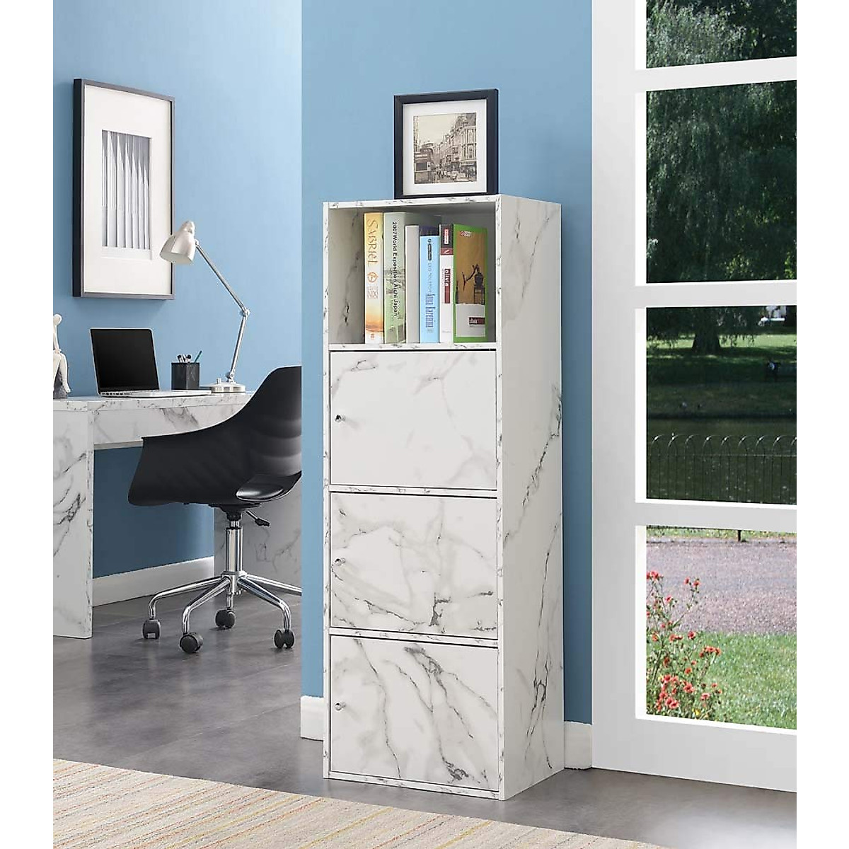 Convenience Concepts Northfield Hall Console Desk Table, White Faux Marble & Xtra Storage 3 Door Cabinet with Shelf, White Faux Marble