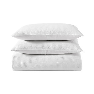 Laura Ashley- Queen Duvet Cover Set, Reversible Cotton Bedding Set with Matching Shams, Farmhouse Home Décor (Waffle Pique White, Queen)