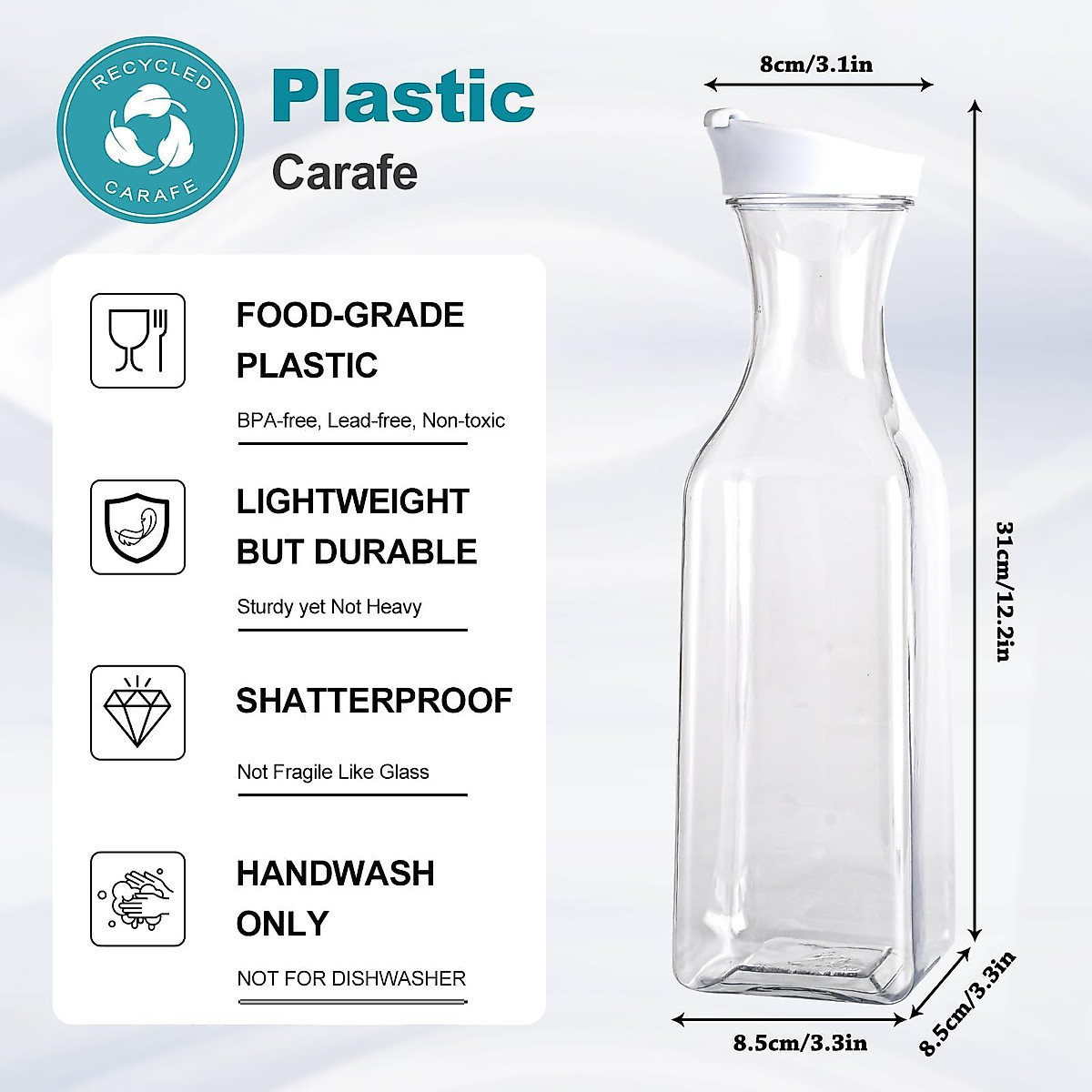 Set of 4 Plastic Carafe with Lid, 50 Oz Carafes for Mimosa Bar, Square Base Juice Containers, Water Bottle, Milk Container, Clear Beverage Containers for Fridge