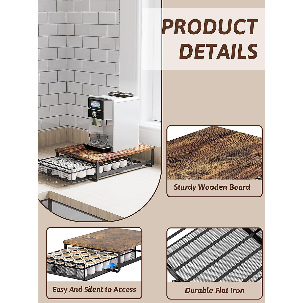 K Cup Organizer, Coffee Pod Holder Drawer, Under Brewer Storage Organizer with Sliding Drawer holds up to 35 K-Cup Pods, No Assembly Needed, Rustic Brown