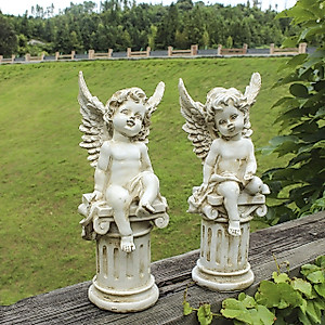 OwMell Set of 2 Cherub Angels on Roman Pillar Garden Statue Greek Column Angel Figurine Sculpture Indoor Outdoor Home Garden Decoration Antique Resin 9.8"