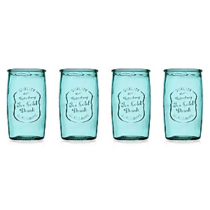 Glaver's Highball Glasses Set of 4 – 20oz Artistic Ice-Cold Pretty Blue Drinking Glasses – Vintage Glassware with Embossed Logo – Beverage Drinking Glasses for Water, Juice, Cocktails.