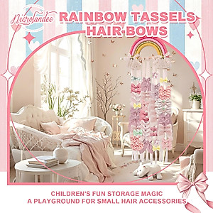 NICROLANDEE Rainbow Tassels Hair Bows Holder Hanging - Baby Hair Accessories Storage Headband Holder Hair Clips Organizer Wall Hanger Decor for Baby Girls Room Ornament (Pink Yellow)