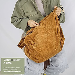 Corduroy Tote Bag for School, Large Crossbody Bags for Women, Casual Shoulder Bag with Adjustable Strap, College Everyday Bag with Zipper Pockets(Brown)