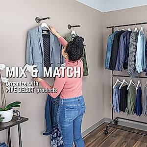 PIPE DECOR 39” x 20 ¼” x 82” Rolling Steel Pipe Double Rod Clothing Rack, Commercial or Residential Industrial Clothes Display, Heavy Duty Black Steel Metal Wheeled Garment Frame