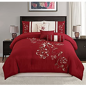 Chezmoi Collection Miranda 7-Piece Red Beige Floral Hibiscus Embroidery Comforter Set, California King