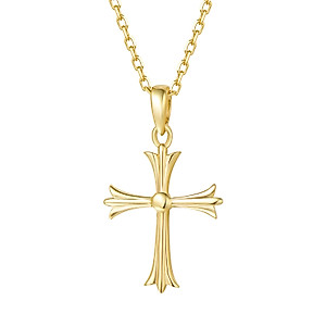 Carleen SOLID REAL 14K Yellow Gold SMALL TINY Little Cute Embossed Cross Necklace Delicate Dainty Crucifix Cross Pendant Fine Jewelry For Women, With 18" Solid Gold Cable Chain