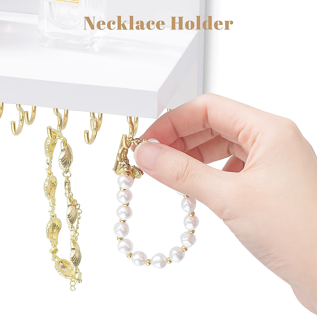 HappyHapi Hanging Jewelry Organizer Necklace Organizer Jewelry Hanger with 36 Hooks,Wall Mounted Jewelry Organizer for Necklace Earrings and Rings (White)