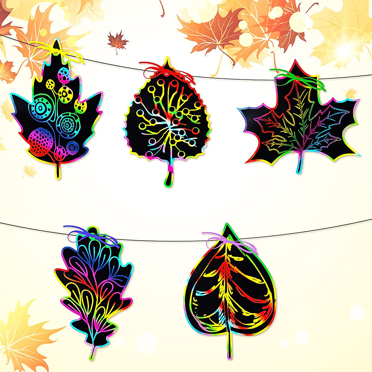 50 Pcs Scratch Art for Kids Fall Leaves, Fall Crafts for Kids Rainbow Scratch Paper for DIY Craft Autumn Decoration DIY Crafts Halloween Thanksgiving Gift