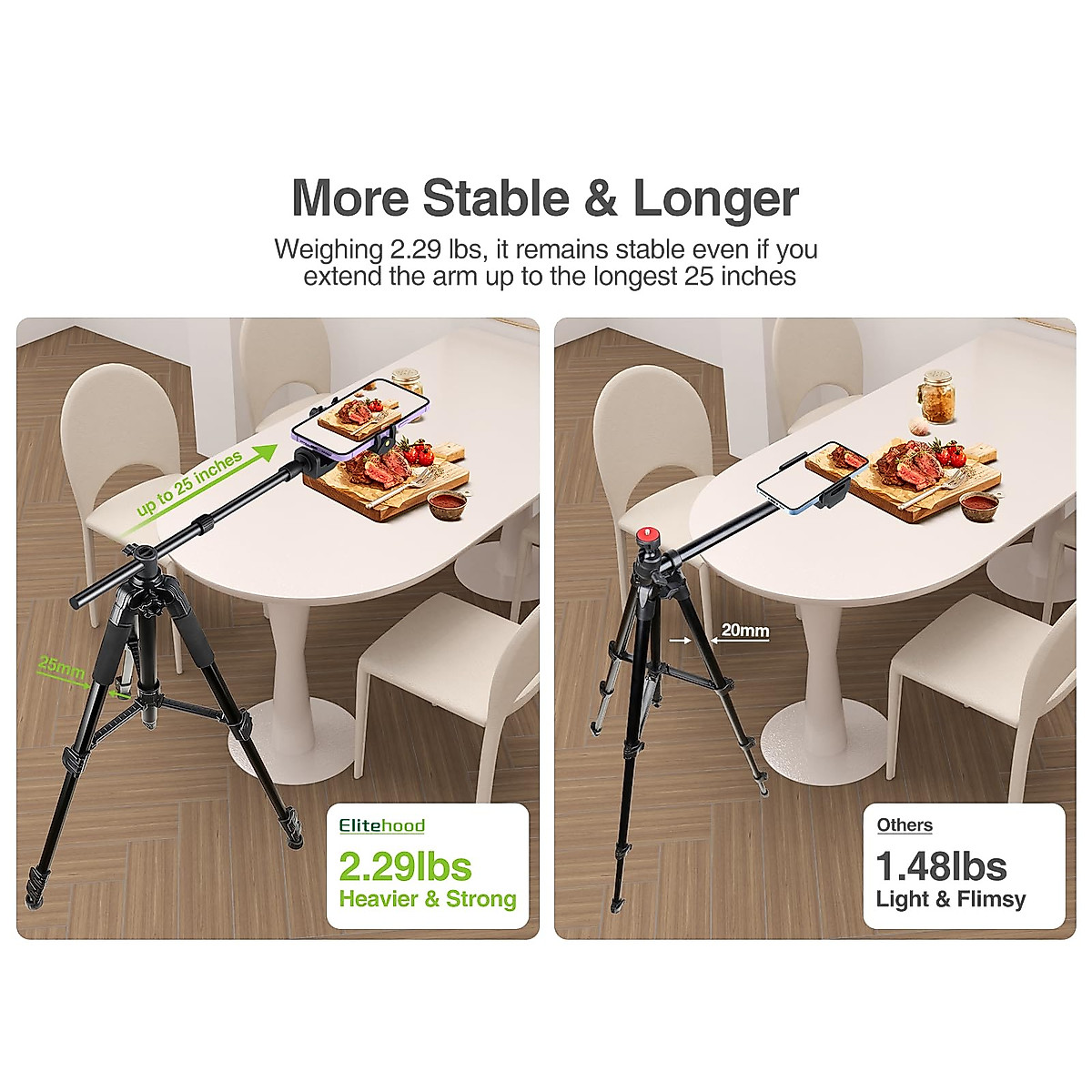 Elitehood Newest Ultra-Stable Overhead Tripod for iPhone – Heavy Duty Aluminum Tripod & 25in Horizontal Long Phone Arm, Tall Phone Stand Mount for Recording, 360°Adjustable iPhone Tripod Stand