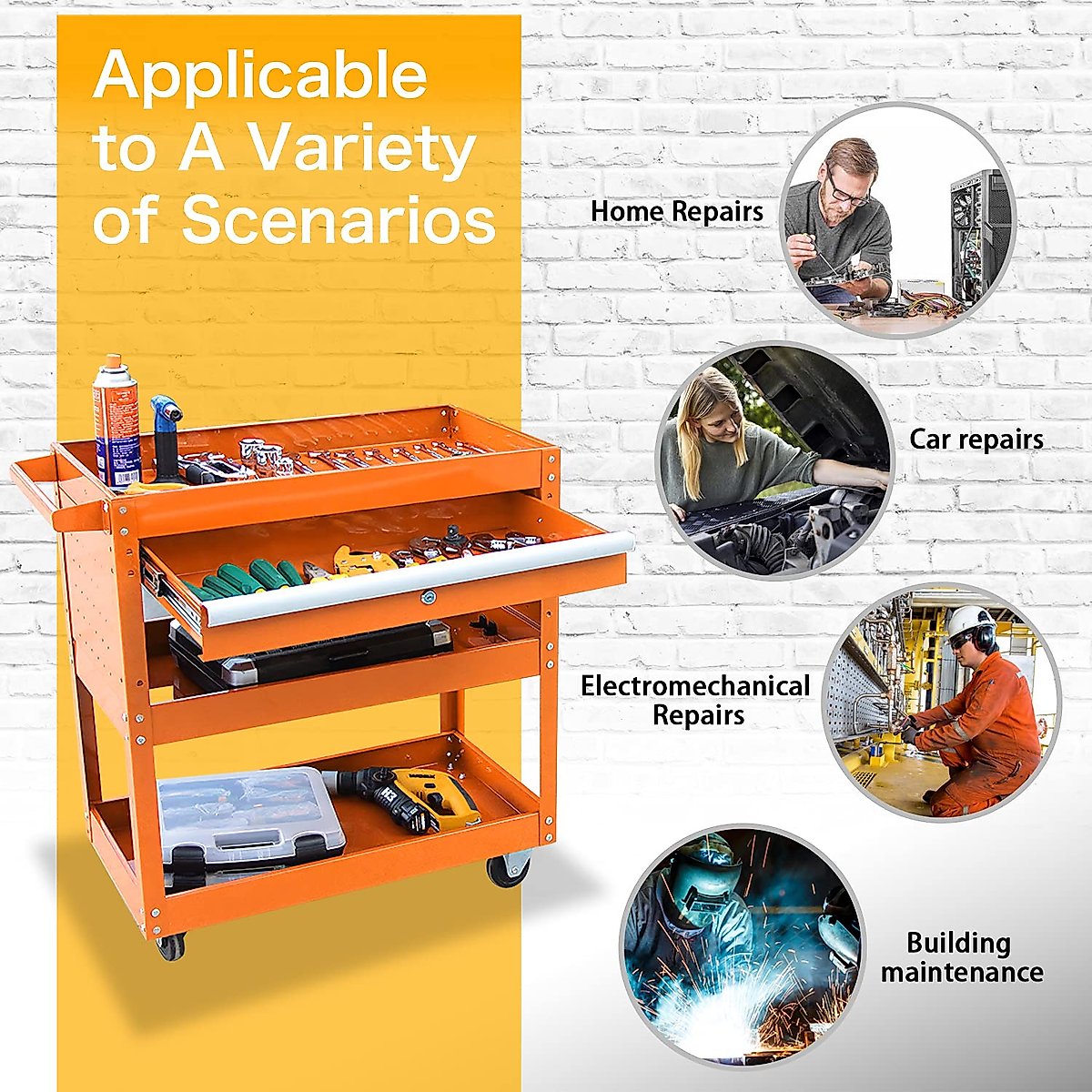 Oversized Tool Cart, Rolling Tool Cart, Mechanical Tool Storage Cart, 4-Wheel Tool Cart with Ball-Bearing Slides and Drawer Lock, Storage Cart and Tool Box for Warehouse and Garage Storage (Orange)