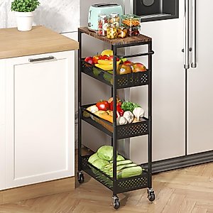 XYZLVSI Slim Storage Cart 4 Tier Fruit and Vegetable Baskets for Kitchen Small Space, Narrow Rolling Cart on Wheels with Wooden Top and Metal Handle for Pantry, Bathroom, Laundry Room