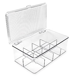 Isaac Jacobs Divided Clear Plastic Organizer (10.75” x 6.5” x 3.7”) w/Hinged Lid, Stackable Storage Box for Tea Bags, Crafts, Office Supplies, Cosmetics, Jewelry, BPA-Free, Food Safe Pantry Container