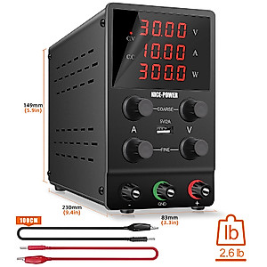 NICE-POWER DC Power Supply Variable: 30V 10A Adjustable Switching Regulated High Precision 4-Digits LED Display 5V/2A USB Port Test Lead Output & Input Power Cord Bench Lab Power Supplies