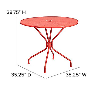 Flash Furniture Commercial Grade 35.25" Round Coral Indoor-Outdoor Steel Patio Table with Umbrella Hole
