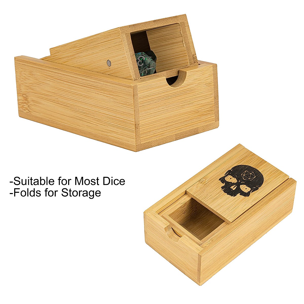 Cusdie Bamboo Dice Tower Foldable Wooden Die Roller Castle Rolling Case for Dungeons and Dragons, Board Game, D&D, RPG(Skull)