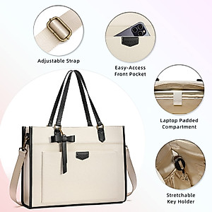 Keyli Laptop Tote Bag Canvas Bag for Women 15.6 inch Casual Work Shoulder Bags Large Capacity Professional Business Office Computer Bag Briefcase Handbag Purses for Travel, Office, School White