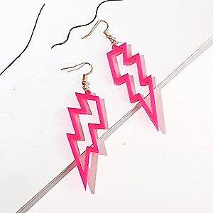 Multicolor 80s Neon Earrings Acrylic Exaggerated Lightning Bolt Dangle Earrings Halloween Retro 80 90's Party Costume Accessories Jewelry for Women-Hollow Pink