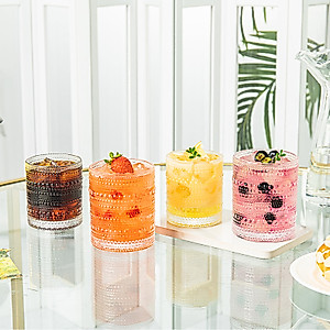 Glass Cups Vintage Drinking Glasses Set of 4, Clear Hobnail Glasses Tumbler, Embossed Design Glassware, Romantic Water Glasses, for Beverage, Juice, Cocktail, Soda, Water, Whiskey (Large)