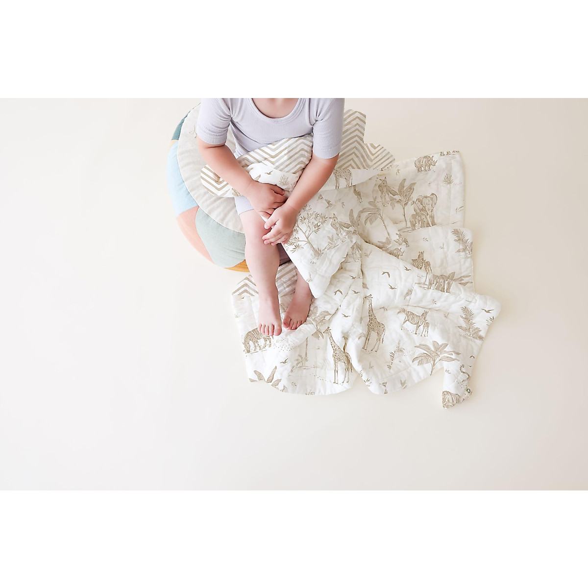 MakeMake Organics Organic Toddler Comforter GOTS Certified Organic Kids Blanket Cotton Infill Tufted - Reversible Ultra Soft Breathable Toys Girls (44"x60", Safari + Herringbone)