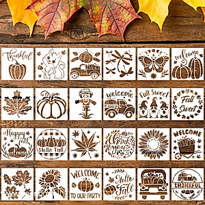 24pcs Fall Stencils, 3x3inch Small Fall Sign Stencils Reusable Fall Stencils for Painting on Wood Autumn Templates for Thanksgiving DIY Crafts on Wood Canvas Fabric Wall Home Decor