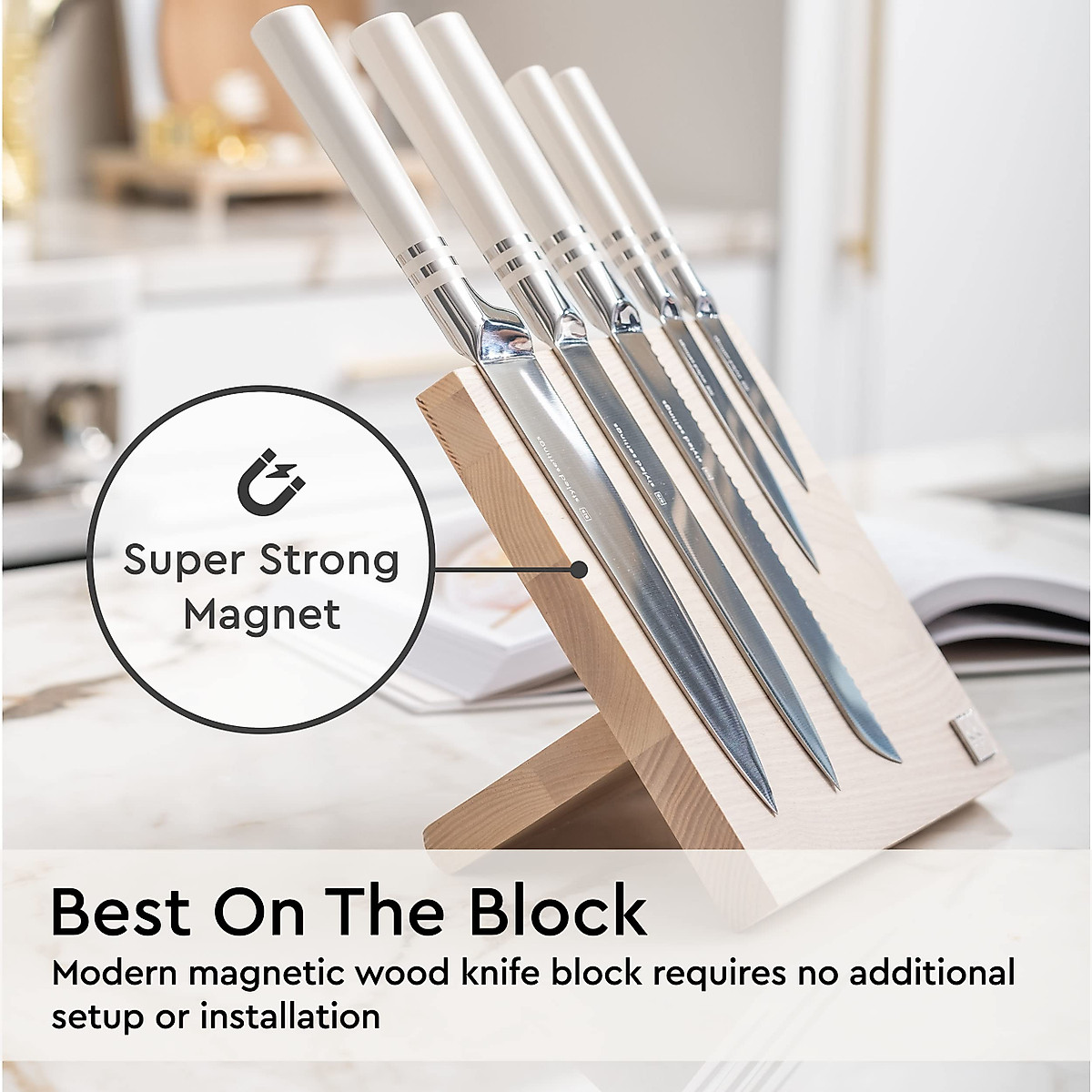 White Knife Set with Magnetic Knife Holder Stand - 6 PC White Magnetic Knife Set Includes White Handle Knife Set with Ashwood Magnetic Knife Block - White Kitchen Accessories, White Kitchen Decor