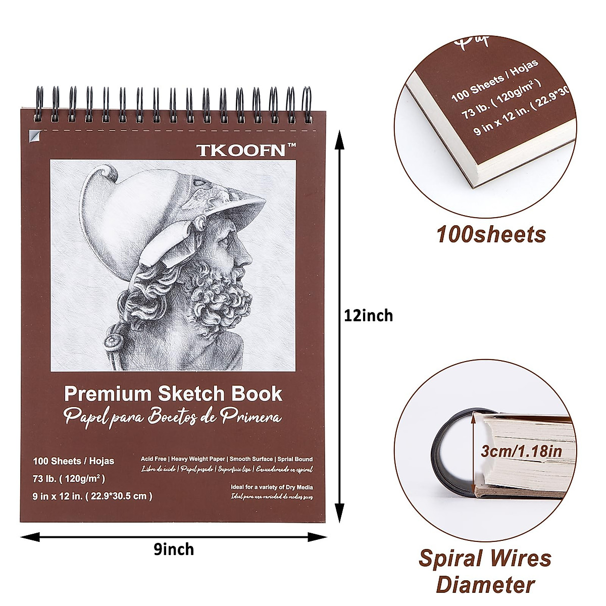 TKOOFN 9" x 12" Sketch Book Set Sketchpad, 100 Sheets Sketchbook for Drawing,73lb Spiral Bound Acid-Free Painting Paper for Adults Artists Beginners, 1 Pack