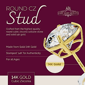 Solid 14k Yellow Gold Solitaire Round Cubic Zirconia CZ Stud Earrings with 14k Gold Butterfly Push Backings (4mm)
