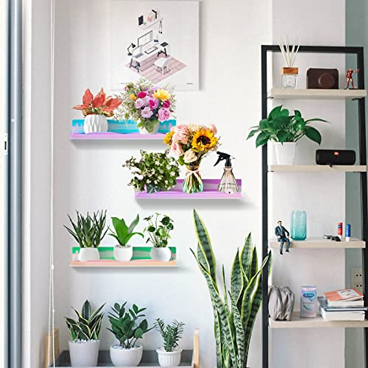 ULENDIS 4 Packs Large Iridescent Clear Acrylic Floating Shelf Wall Mount, 15.7" Wall Ledge Bookshelf with Installation Hardware, Shelf Display Organizer for Bathroom Bedroom Nursery Kitchen