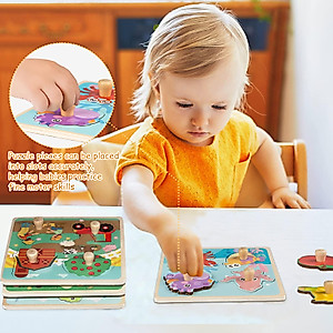 Funsland Wooden Peg Puzzles 4 Pcs Animal Patterns Puzzles Infant Fine Motor Skill Wood Puzzle Set for 1 2 3 Years Old