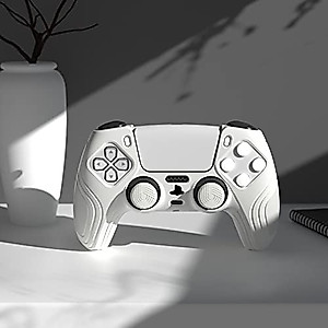 eXtremeRate PlayVital Samurai Edition White Anti-Slip Controller Grip Silicone Skin for ps5, Ergonomic Soft Rubber Protective Case for ps5 Controller with White Thumb Stick Caps