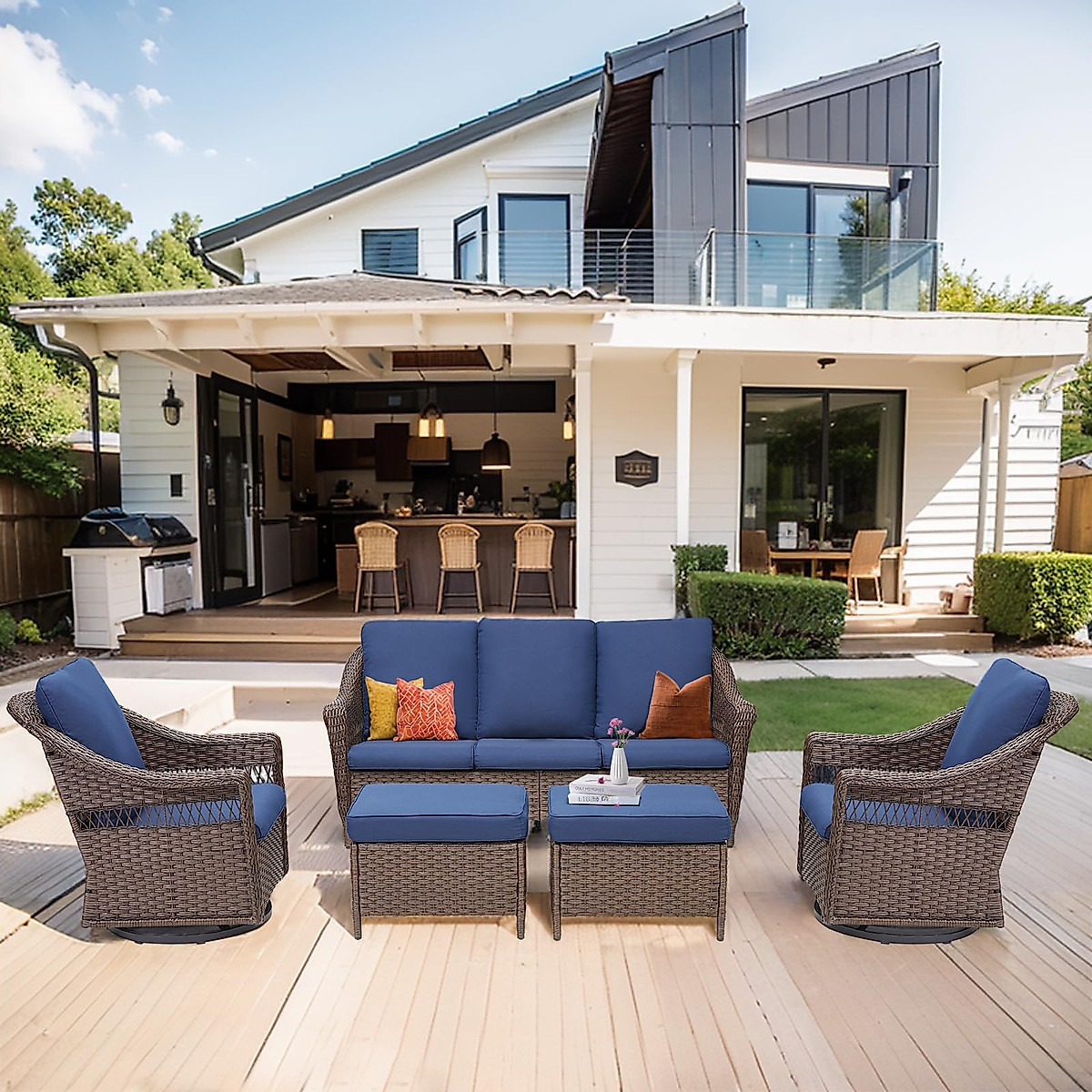 Patio Furniture Set, 5 Pieces Outdoor Conversation Set, All Weather Wicker Patio Furniture w/ Swivel Glider Rocking Chair, Ottoman, 3-Seat Couch & Comfy Cushions for Backyard, Deck, Poolside, Porch