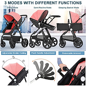 Newborn Infant Baby Bassinet Stroller - Sleeping & Sitting Mode 2 in 1 All Terrain High Landscape Shock Absorption Sunshade Comfortable Baby Toddler Strollers for 0-36 Months Old Babies