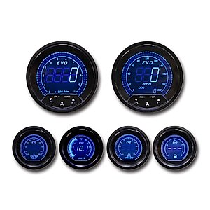 MOTOR METER RACING EVO Series Digital 6 Gauge Set - Blue & Red Switchable LED - 3-3/8" 85mm GPS Speedometer & Tachometer - 2-1/16" 52mm Voltage, Fuel Level, Water Temperature & Oil Pressure