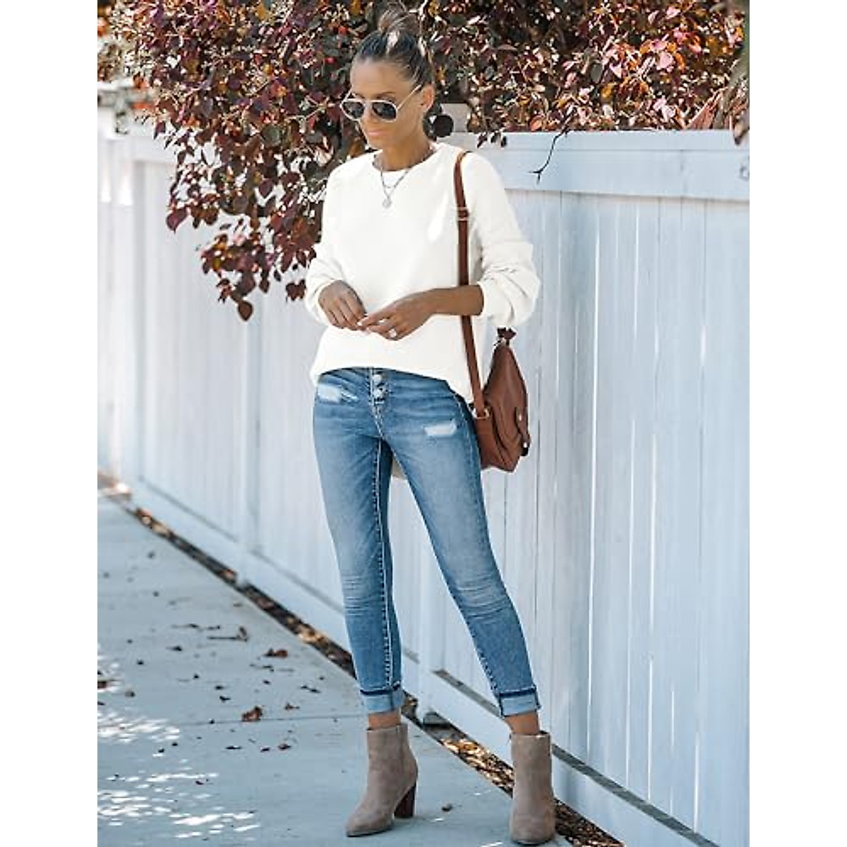 MEROKEETY Women's 2025 Fall Long Balloon Sleeve Crew Neck Sweater Tops Waffle Knit Soft Pullover Jumper, White, M