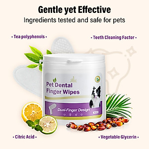 Jaoul Dog Teeth Cleaning Wipes - Non-Slip, Dual Finger Design - Fresh Breath, Plaque & Tartar Removal - Gentle Double-Sided Disposable Dog Dental Wipes, 40 Counts