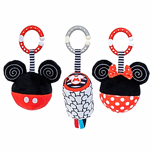 KIDS PREFERRED Disney Baby Mikcey Mouse and Minnie Mouse 3 Pack Hanging Toys, Black and White High Crinkle Plush, Boys and Girls Ages 0+, Stroller On The Go Clip, Teether, Chime Toy (81261)