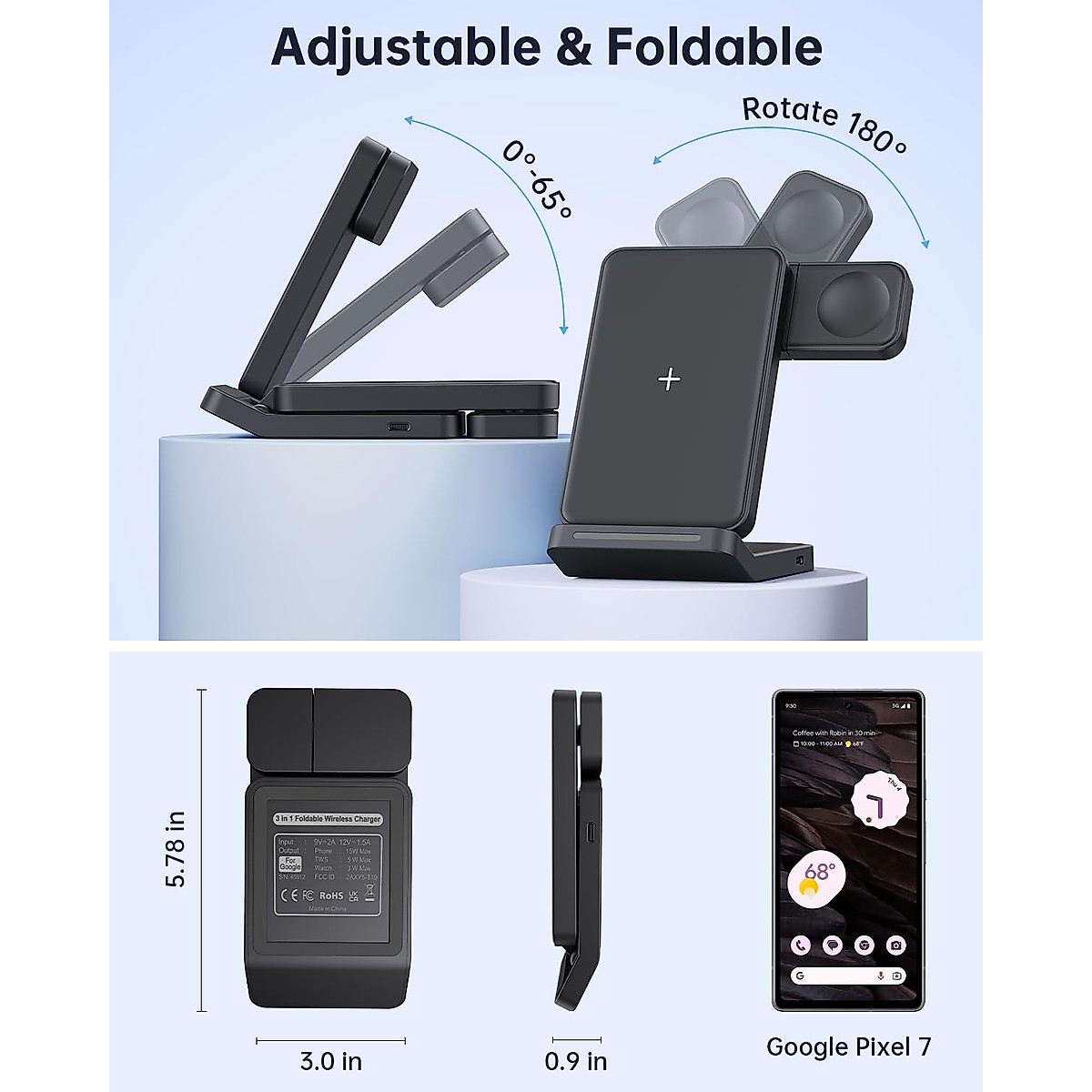 Houflody 3 in 1 Foldable Wireless Charging Station for Google Pixel Watch 1, Pixel Buds Pro and Google Phones Fold/8 Pro/8/7 Pro/7a/7/6 Pro/6/5/4/3/XL, Wireless Charger with QC 18W Adapter, Black