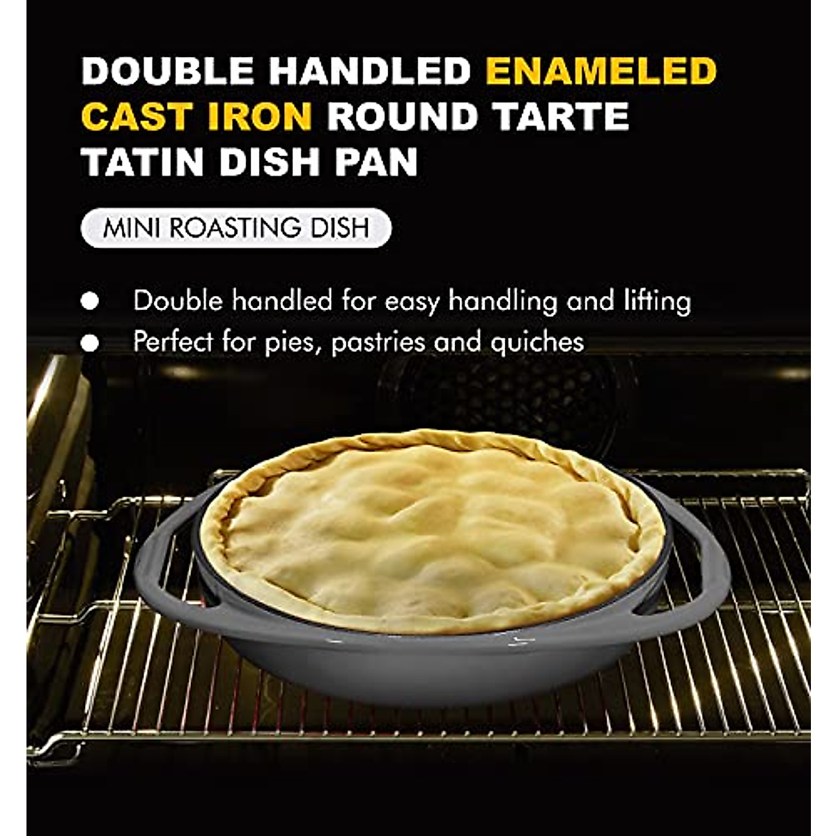 Bruntmor Double Handled non-Stick Enameled Black Cast Iron Round Tarte Tatin Dish Pan Mini Roasting Dish, Baking Pie Pan, Pastries & Quiches, Hand washing, Easy to clean