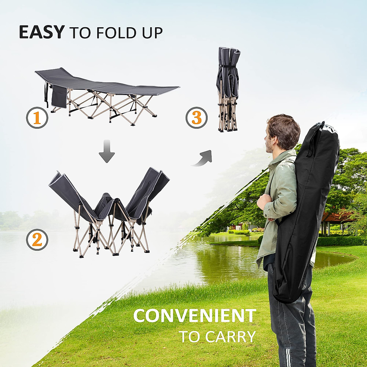 Outsunny Folding Camping Cot for Adults with Carry Bag, Side Pocket, Outdoor Portable Sleeping Bed for Travel, Camp, Vacation, 330 lbs. Capacity, Gray
