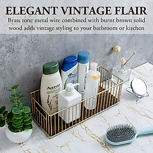 MyGift Modern Brass-Tone Metal Wire Toilet Paper Holder Basket with Rustic Burnt Solid Wood Base, Toilet Tank Topper Organizer Tray Bathroom Sink Counter Toiletries Storage