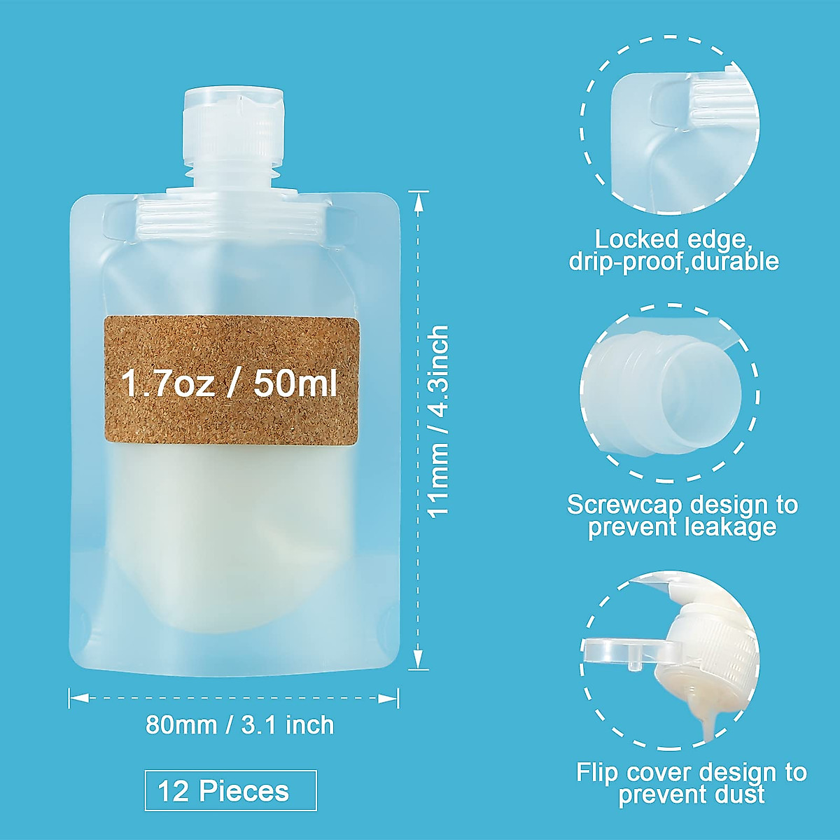 TailaiMei 12 Pieces Travel Pouches for Toiletries, TSA Approved Portable Travel Size, Refillable Stand Up Pouch for Shampoo/Conditioner/Lotion (50ml/1.7oz)