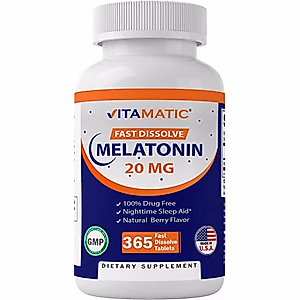 Vitamatic Melatonin 20mg Tablets | Vegetarian, Non-GMO, Gluten Free | 1 Year Supply | Natural Berry Flavor - 365 Tablets