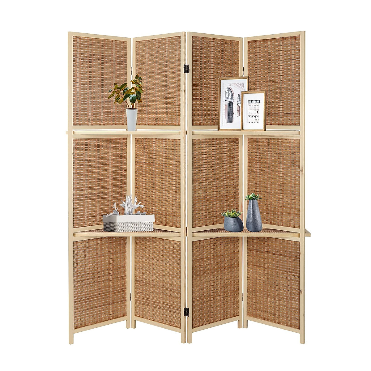 ECOMEX 4 Panel Room Divider with Shelves Fully Assembled 5.6Ft Folding Privacy Screens Wooden Room Dividers and Room Separator for Home Bedroom, Warm Brown