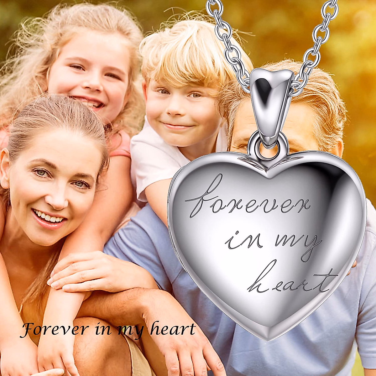LONAGO Heart Locket Necklace Forever in My Heart Shape Photo Locket Necklace Silver Locket Gift for Women (Locket Necklace)