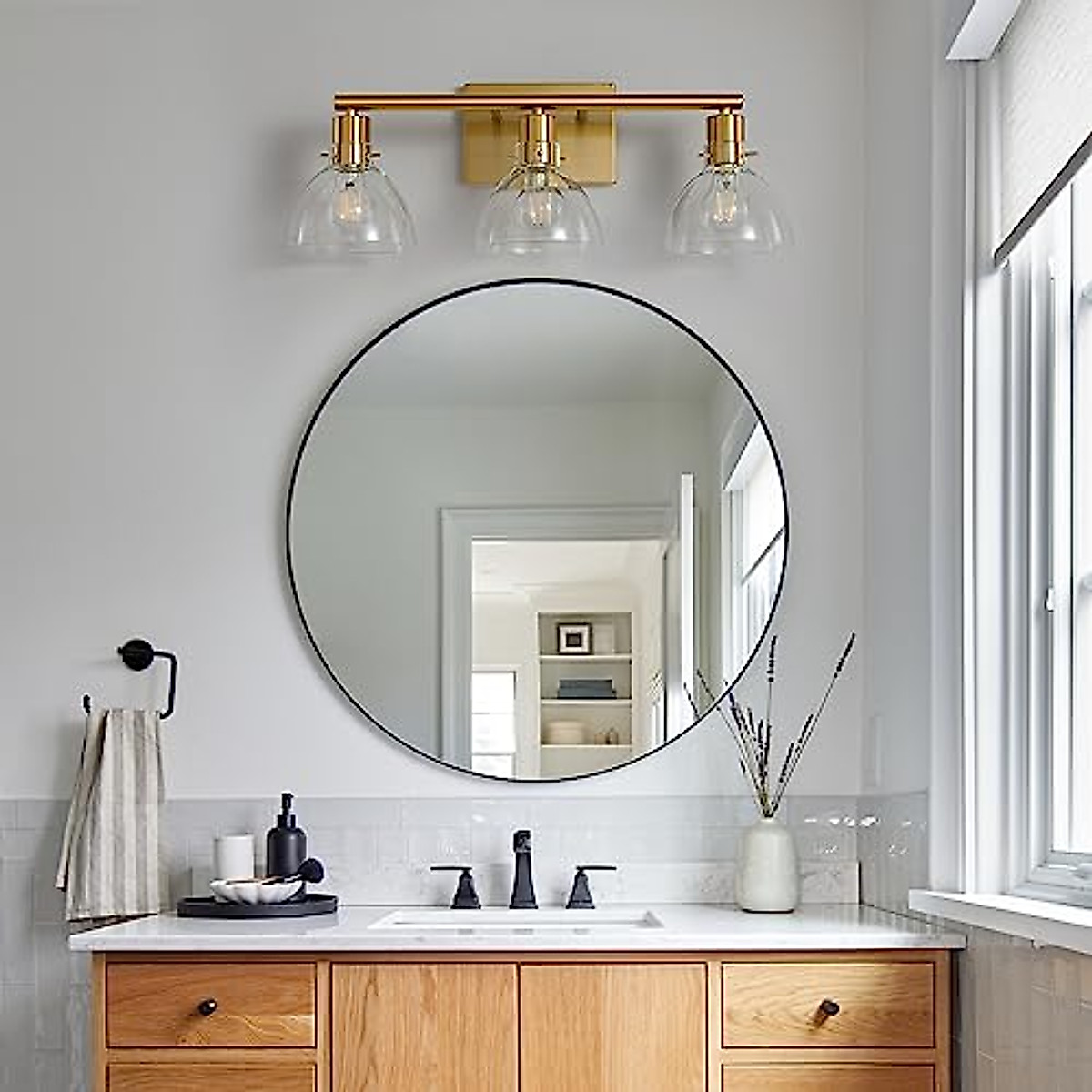 CCYCOL Gold Bathroom Light Fixtures - 3-Light Modern Bathroom Vanity Light Over Mirror with Clear Glass Shade, 22.4 Inch Bath Wall Sconce Lighting Brushed Gold Vanity Lights for Bathroom, Dressing