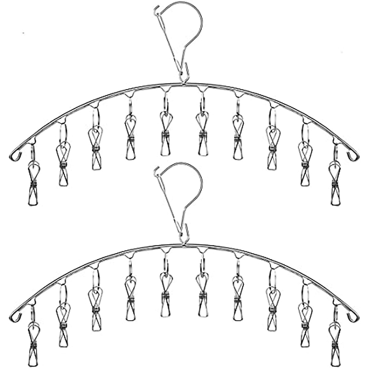 WudTus Clothes Hanger with 10 Clips, Stainless Steel, Windproof, for Drying Socks, Bras, Underwears, Baby Clothes, Hats, Scarfs, Towels, Pants and Gloves (2 Pack)