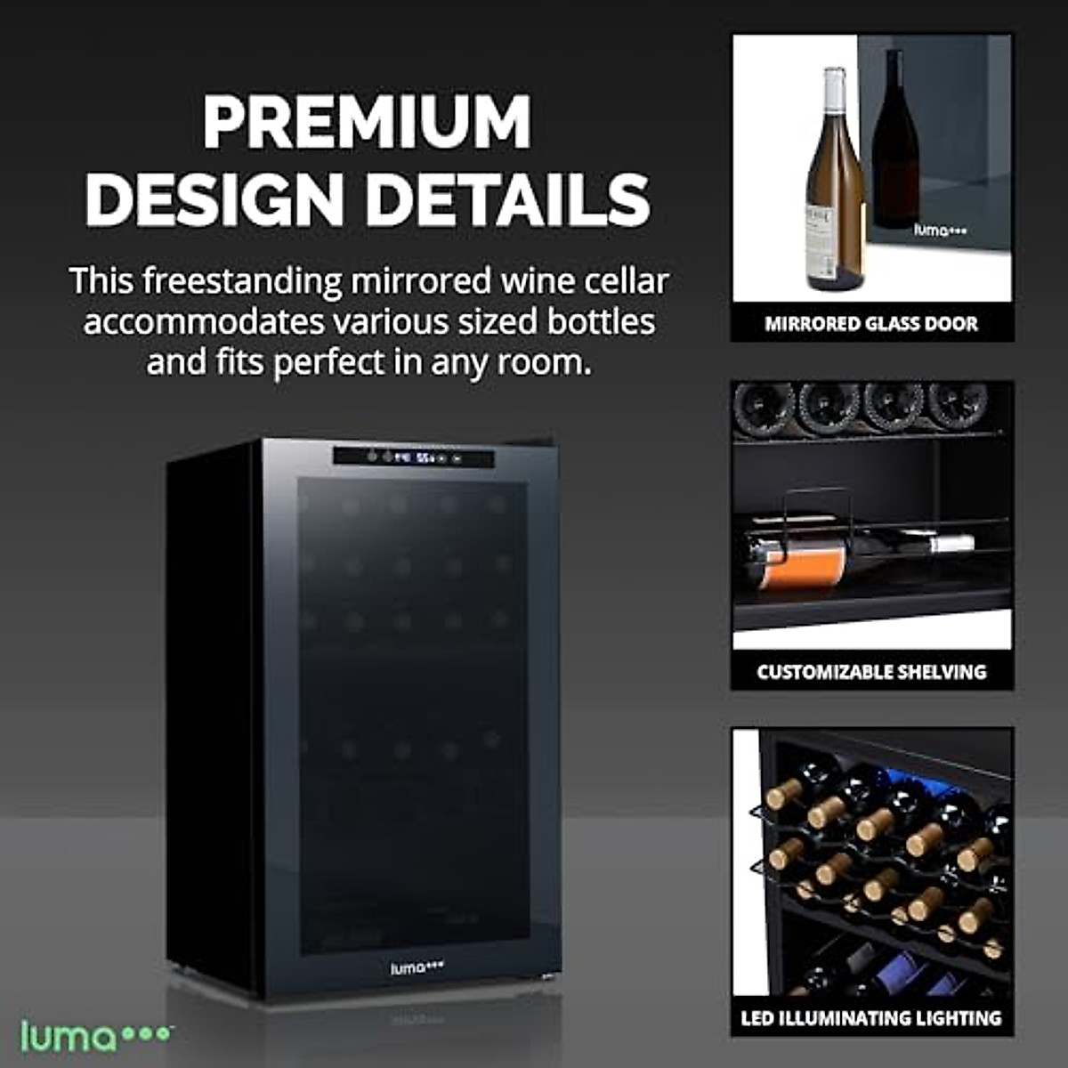 Luma Comfort Shadow Series Wine Cooler Refrigerator 33 Bottle Dual Temperature Zones, Freestanding Mirrored Wine Fridge with Double-Layer Tempered Glass Door & Compressor Cooling,Black